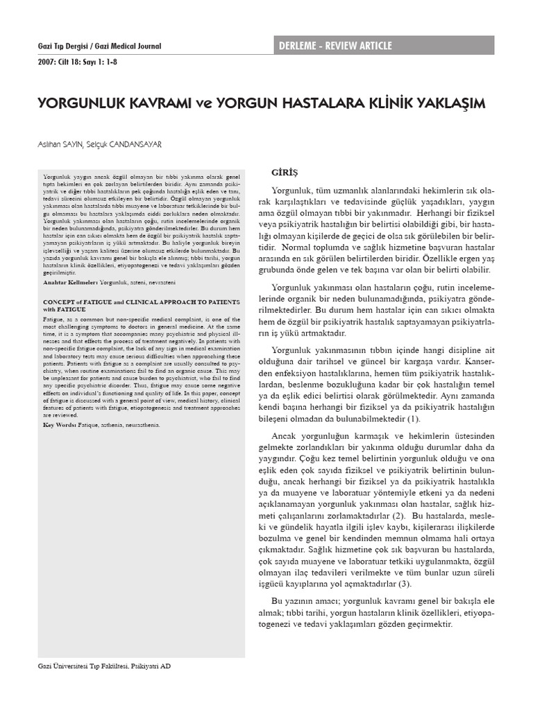 Yorgunluk Kavrami Ve Yorgun Hastalara KL N K Yakla IM: Derleme - Review Article | PDF