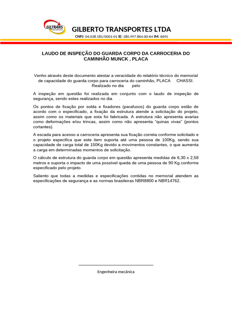 Laudo de Inspeção Do Guarda Corpo Da Carroceria Do Caminhão Munck Quf ...