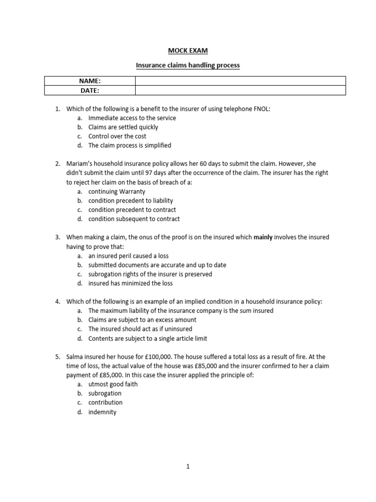 Mock Exam on Insurance Claims Handling | PDF | Insurance | Vehicle ...