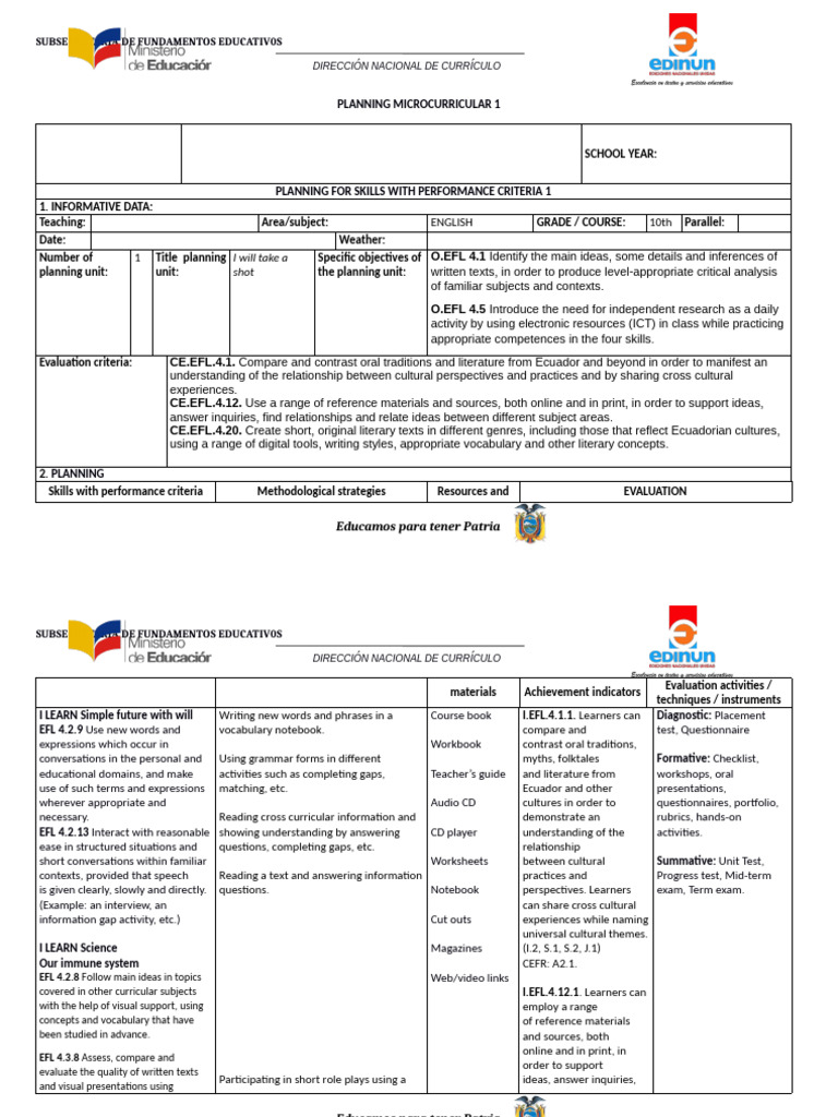 Microcurricular Planning 10 TH | PDF | English As A Second Or Foreign Language | Vocabulary