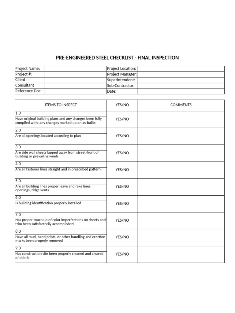 Final Inspection Checklist for Steel Buildings | PDF