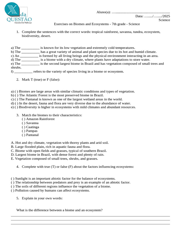 Exercises On Biomes and Ecosystems | PDF | Savanna | Ecosystem
