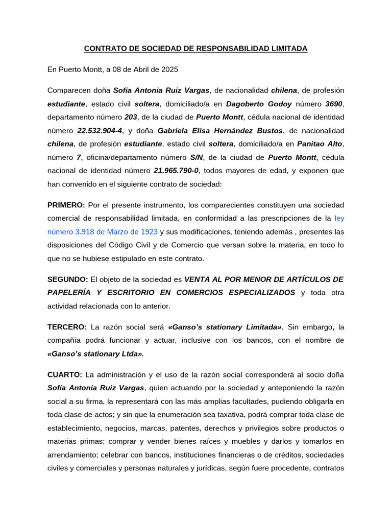 CONTRATO DE SOCIEDAD DE RESPONSABILIDAD LIMITADA | PDF | Bancos | Sociedad de responsabilidad ...