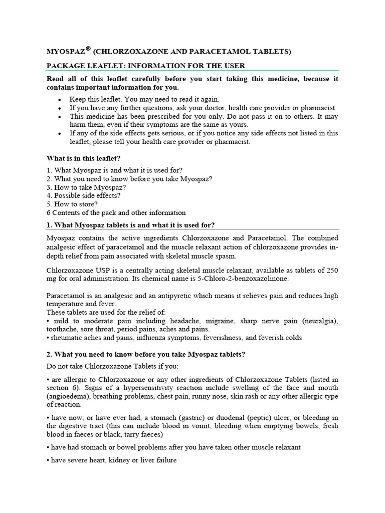 Myospaz Tablet Usage and Side Effects | PDF | Medical Specialties ...