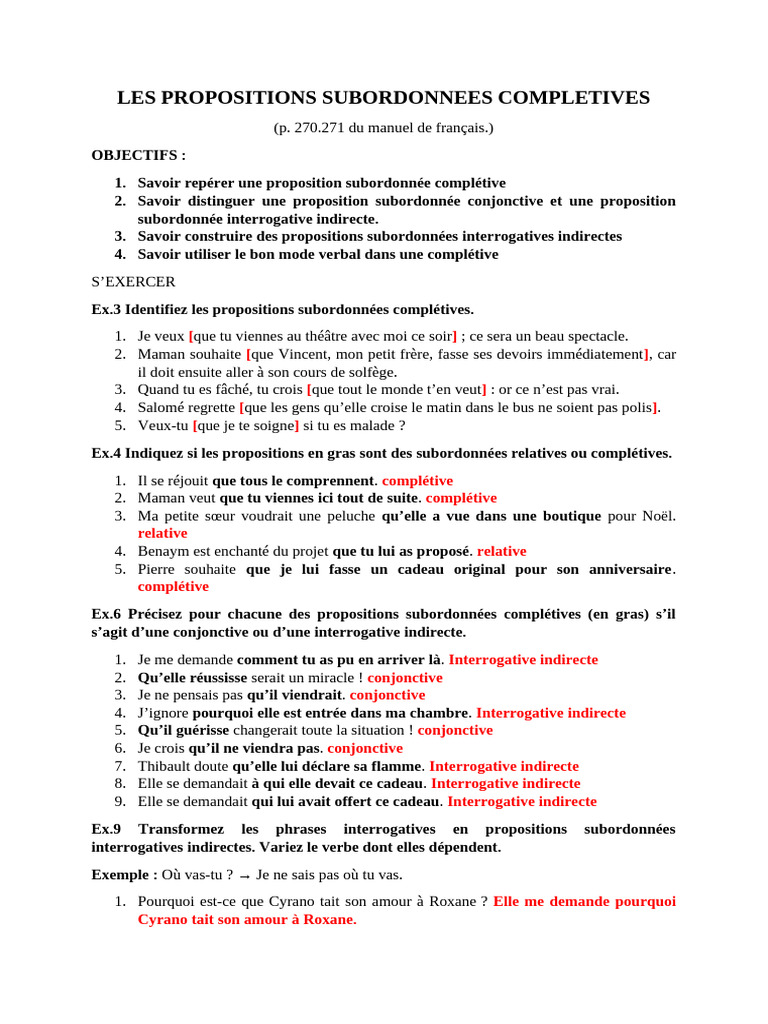 Exercices sur les subordonnées complétives | PDF | Linguistique | Grammaire
