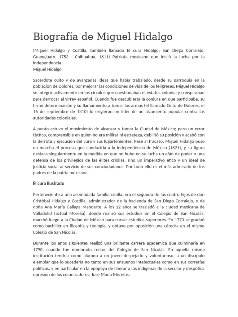 Biografía de Miguel Hidalgo | PDF