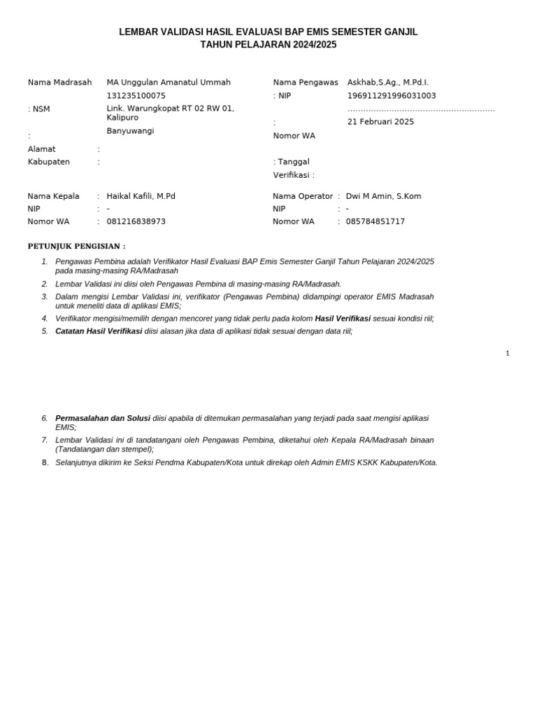 Lembar Verifikasi BAP Emis Ganjil 2024-1 | PDF