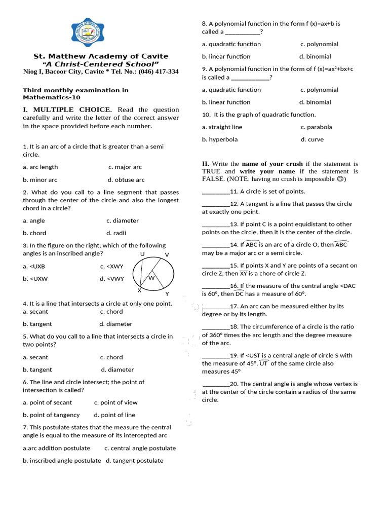 Third Monthly Exam in Math 10 | PDF | Circle | Curve