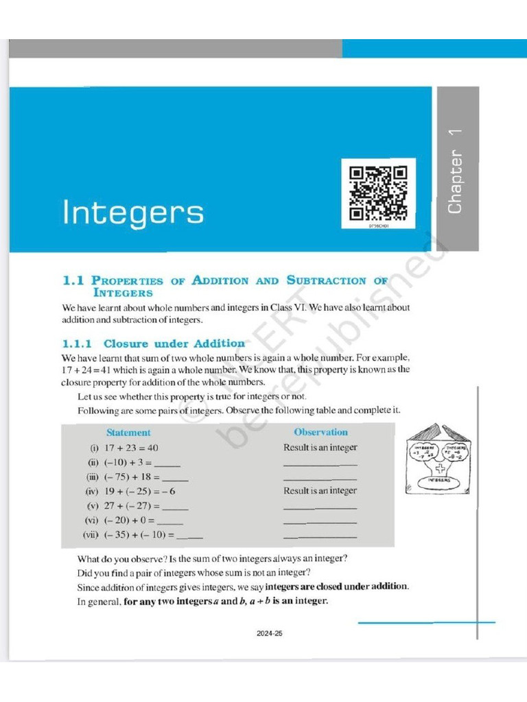 Chapter-1-Integers, Class 7th | PDF