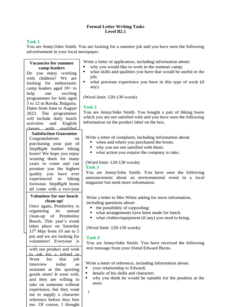 Formal Letter Writing Tasks Level b2.1 | PDF