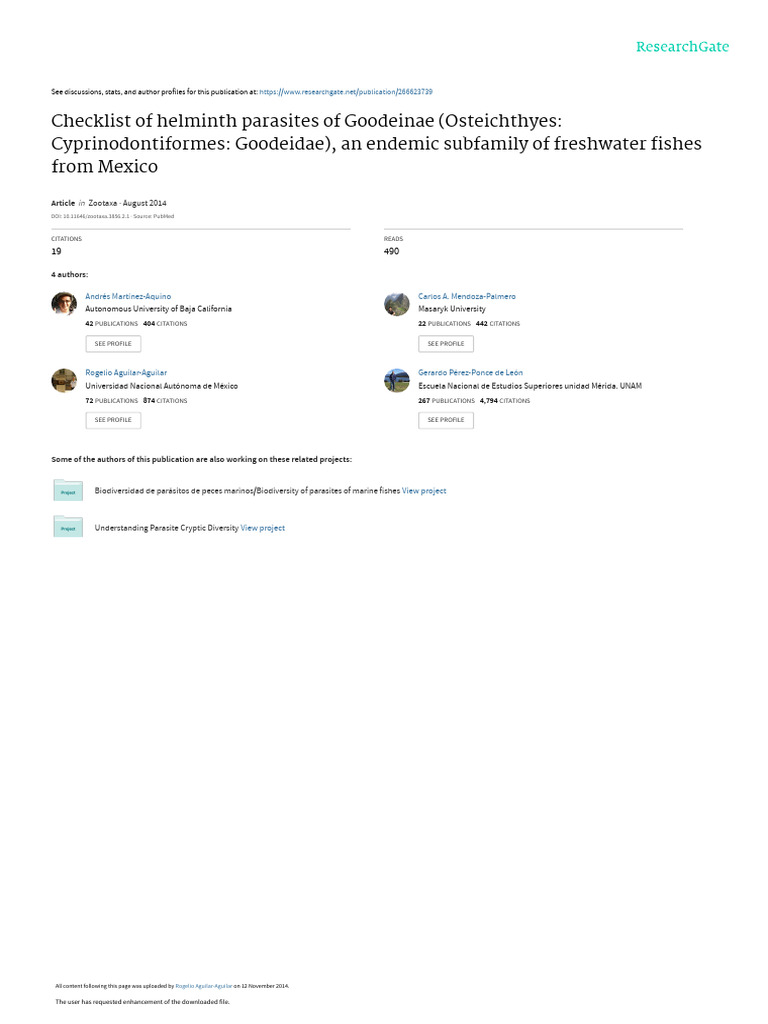 Checklist of Helminth Parasites of Goodeinae (Osteichthyes ...