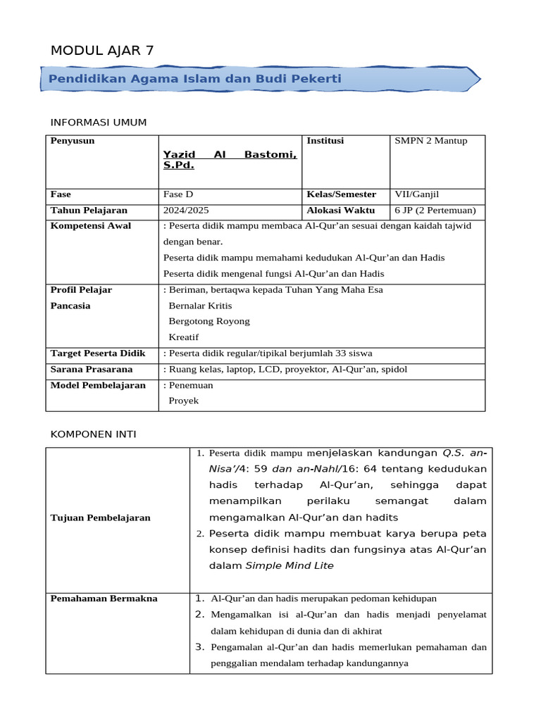 Modul Ajar 2 Al-Qur'an Dan Hadis Sebagai Pedoman Hidup | PDF