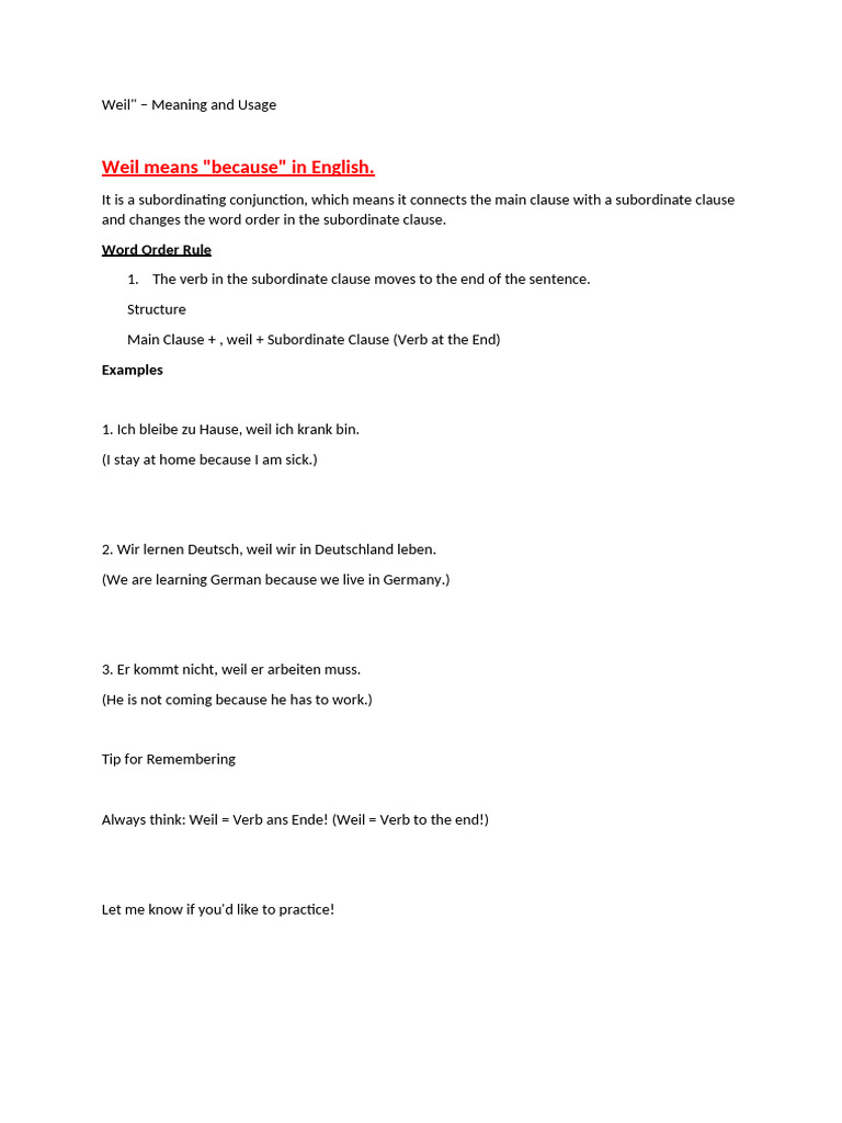 Understanding "Weil" in German Grammar | PDF