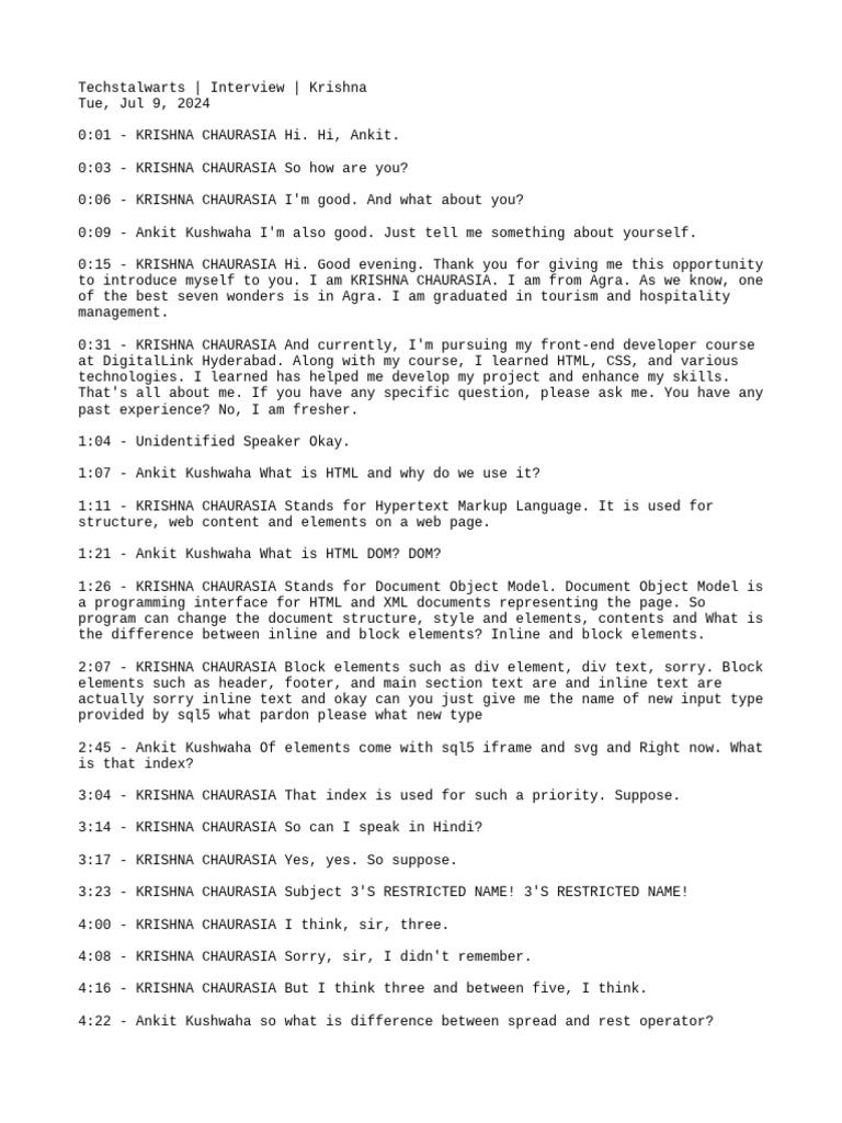 Techstalwarts - Interview - Krishna Transcript | PDF | Document Object Model | Html