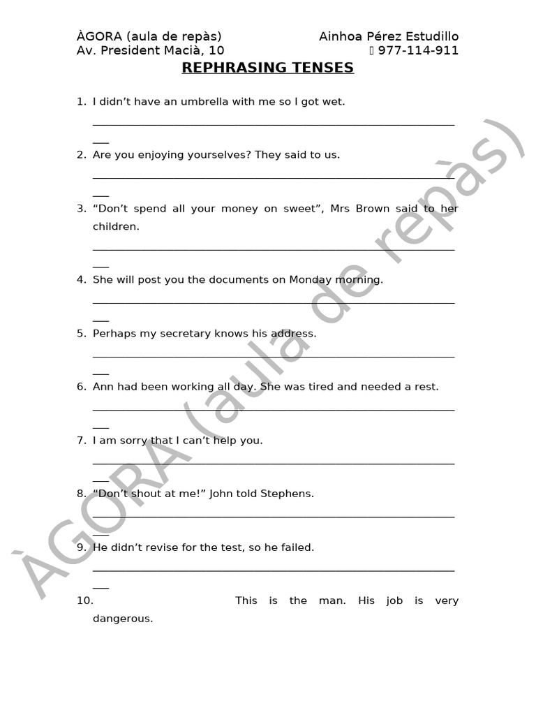 Rephrasing Tenses Practice Exercises | PDF