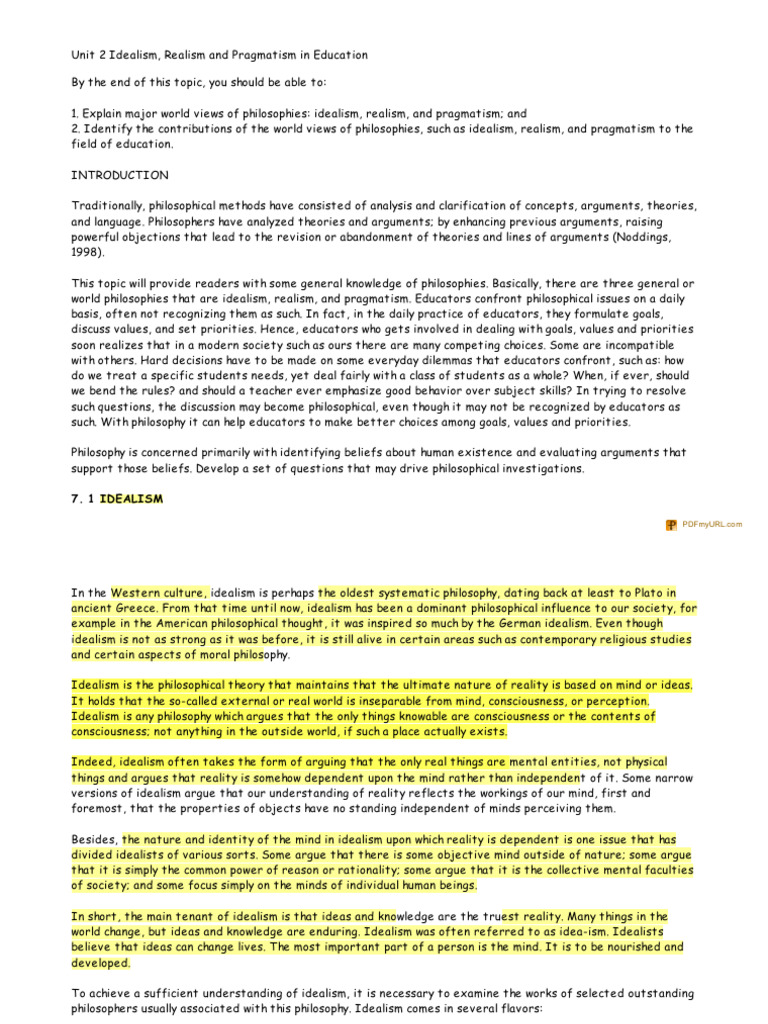 Idealism, Realism, and Pragmatism in Education | PDF | Critique Of Pure ...
