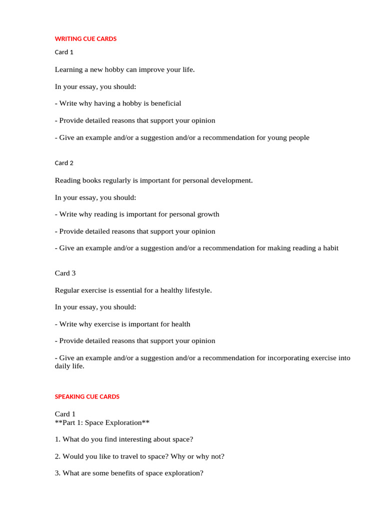 Writing and Speaking Cue Cards Guide | PDF | Psychology | Behavioural ...