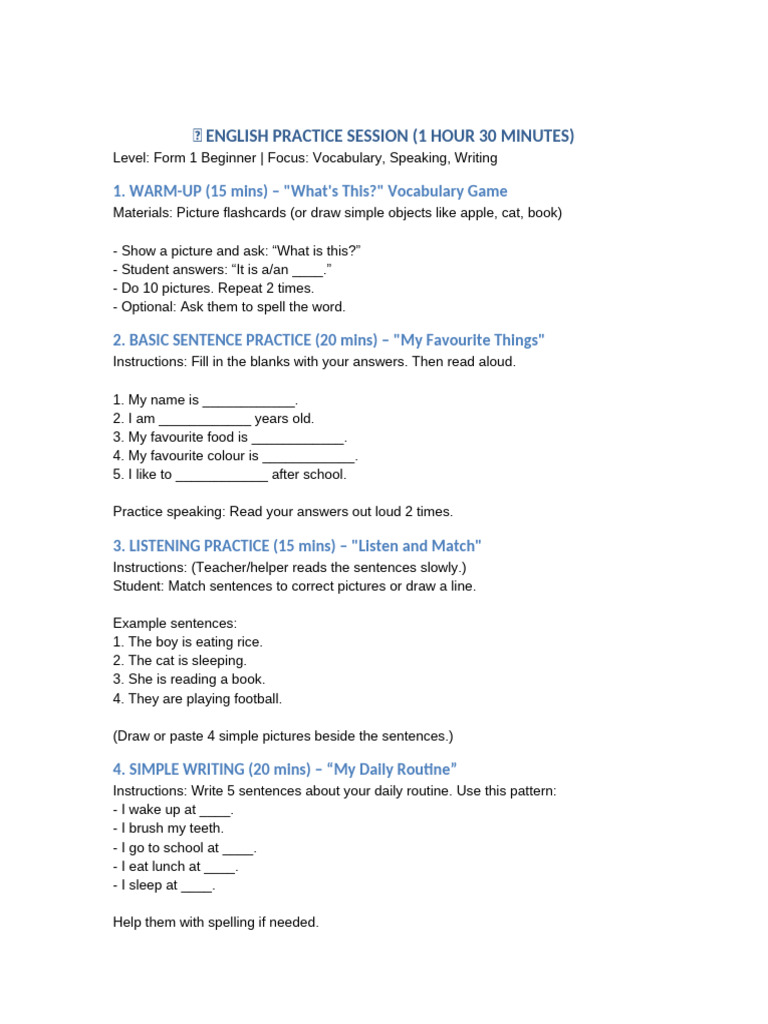Form1 English Exercise Session | PDF