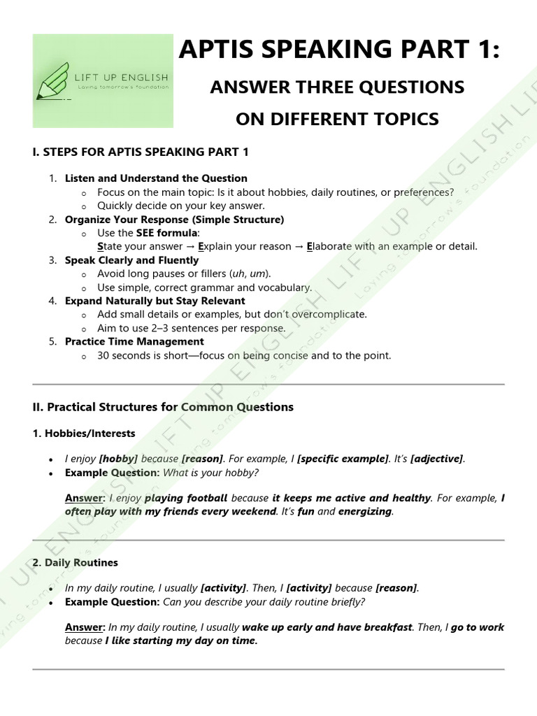 APTIS SPEAKING PART 1 - ANSWER THREE QUESTIONS ON DIFFERENT TOPICS | PDF