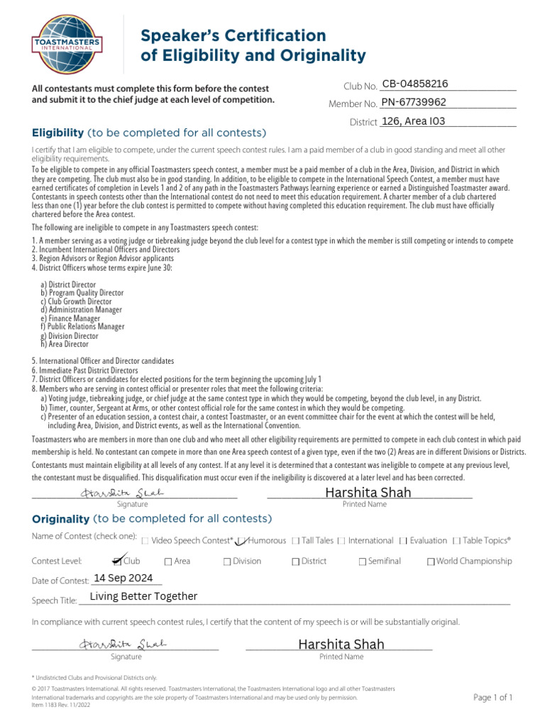 Toastmasters Speaker Eligibility Form | PDF | Government