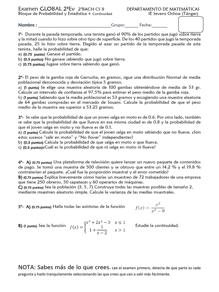 2BACH (2,2,24) Ex GLOBAL 2ev Prob Estad Cont | PDF | Muestreo (Estadísticas) | Probabilidad