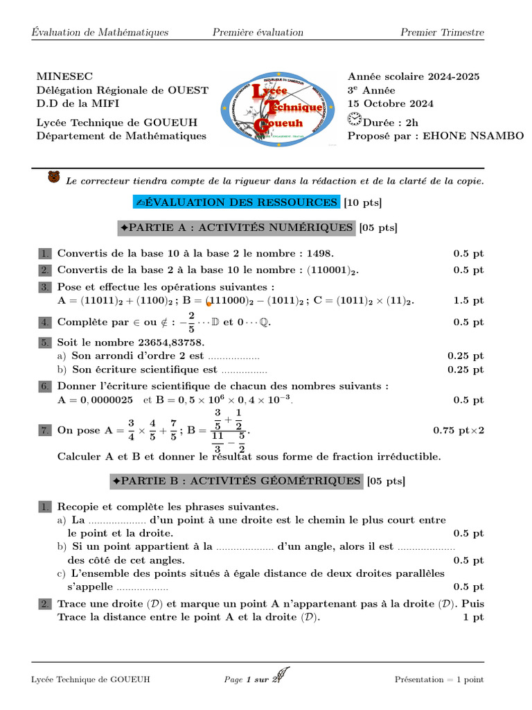 Évaluation de Mathématiques 3e Année | PDF | Mathématiques