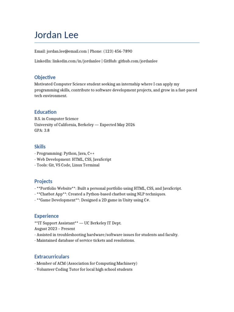 Computer Science Student Internship Resume | PDF