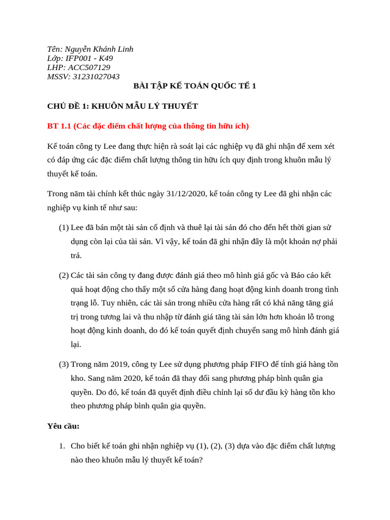 [KTQT] BÀI TẬP CHƯƠNG 1 - 31231027043 - LHP_ ACC507129 (1) | PDF