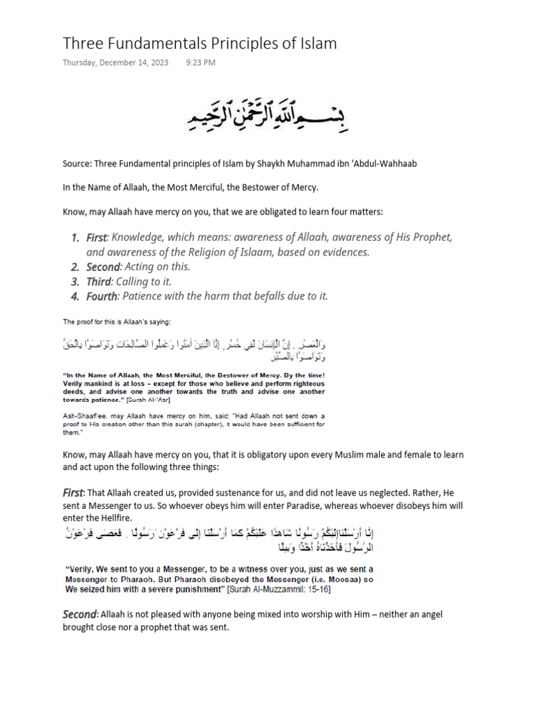 Three Fundamentals Principles of Islam | PDF | Prophets And Messengers ...