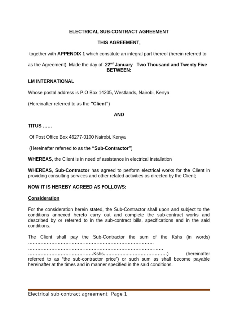 ELECTRICAL SUB-contract Agreement | PDF | Subcontractor | Specification (Technical Standard)