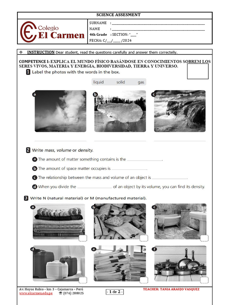 SCIENCE EXAM 4th Grade Bim 4 | PDF