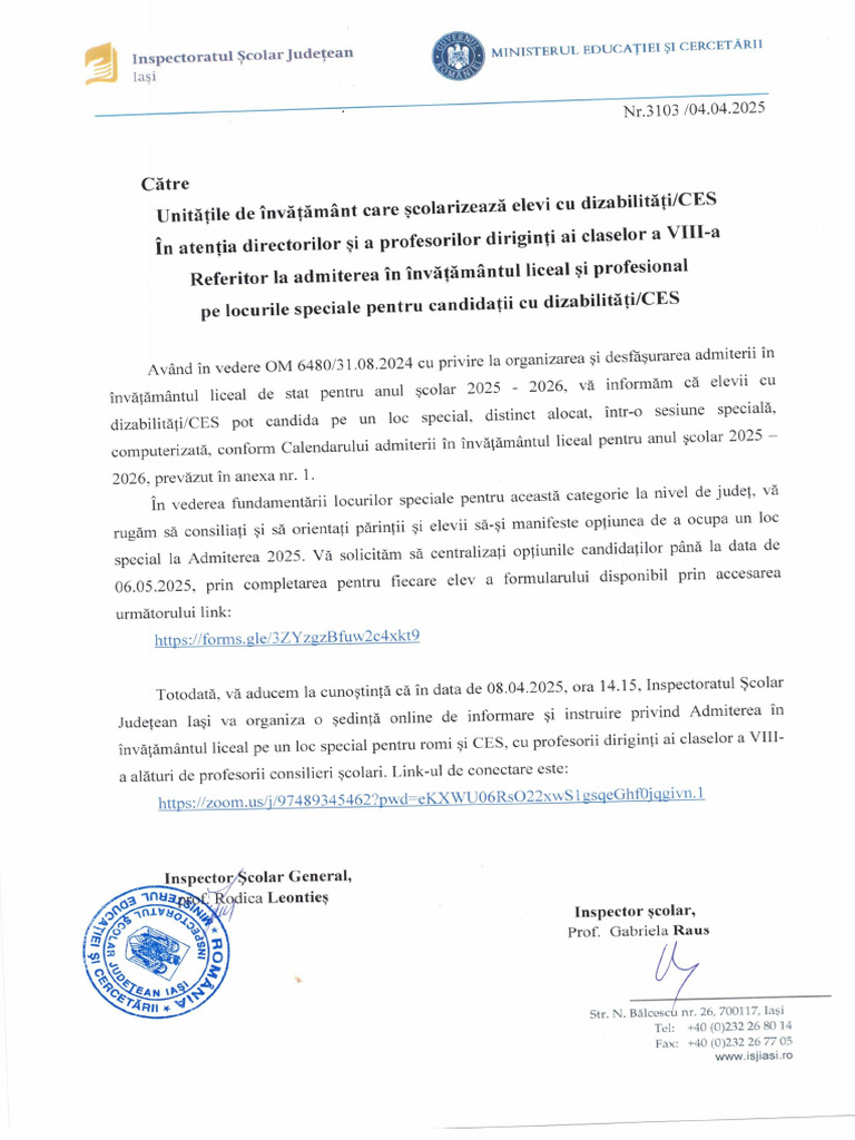 ISJ Iasi_Adresa admintere elevi cu CES_an scolar 2025-2026 | PDF