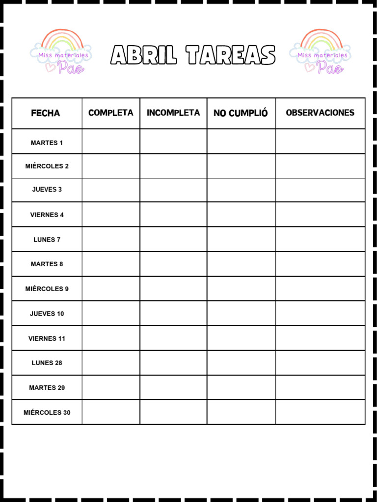 Registros de trabajos y tareas Miss materiales Pao | PDF