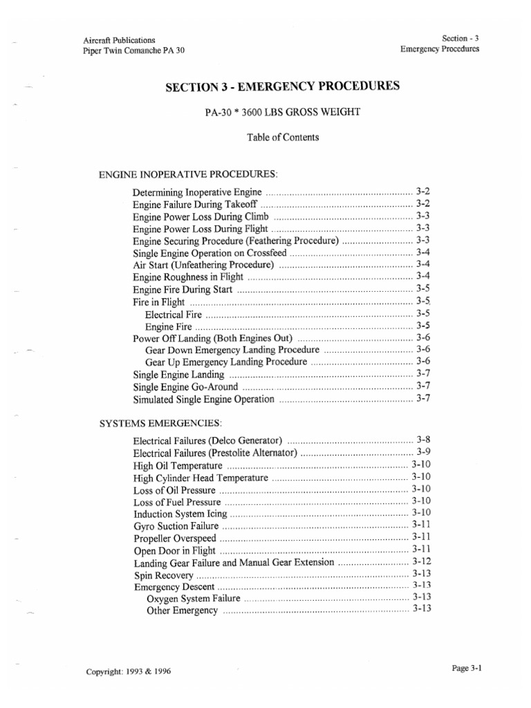 Piper PA-30 POH Section 3 Emergency Procedures | PDF