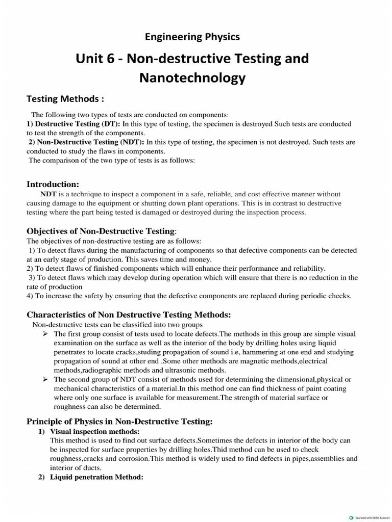 Physics Unit 6 Non Destructive Testing and Nanotechnology | PDF