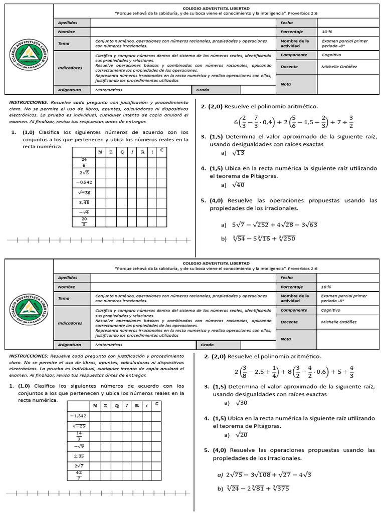 Examen de Matemáticas 8°: Números Reales | PDF | Número Real | Número ...