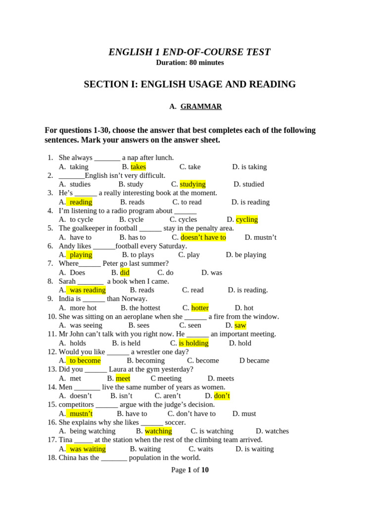 Pracitce Test 2 For English 1 - Key | PDF