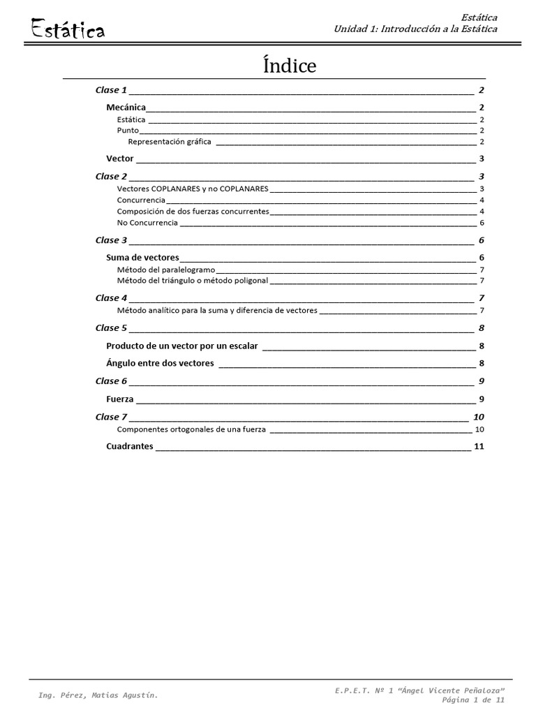 E1 - Clases 1 A 7 - Estática - Pérez Matias | PDF | Vector Euclidiano | Fuerza