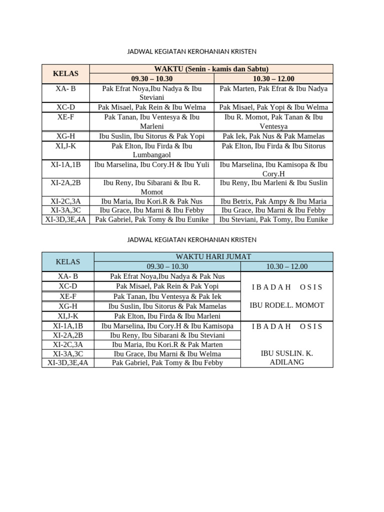 Jadwal Kegiatan Rohani Kristen | PDF