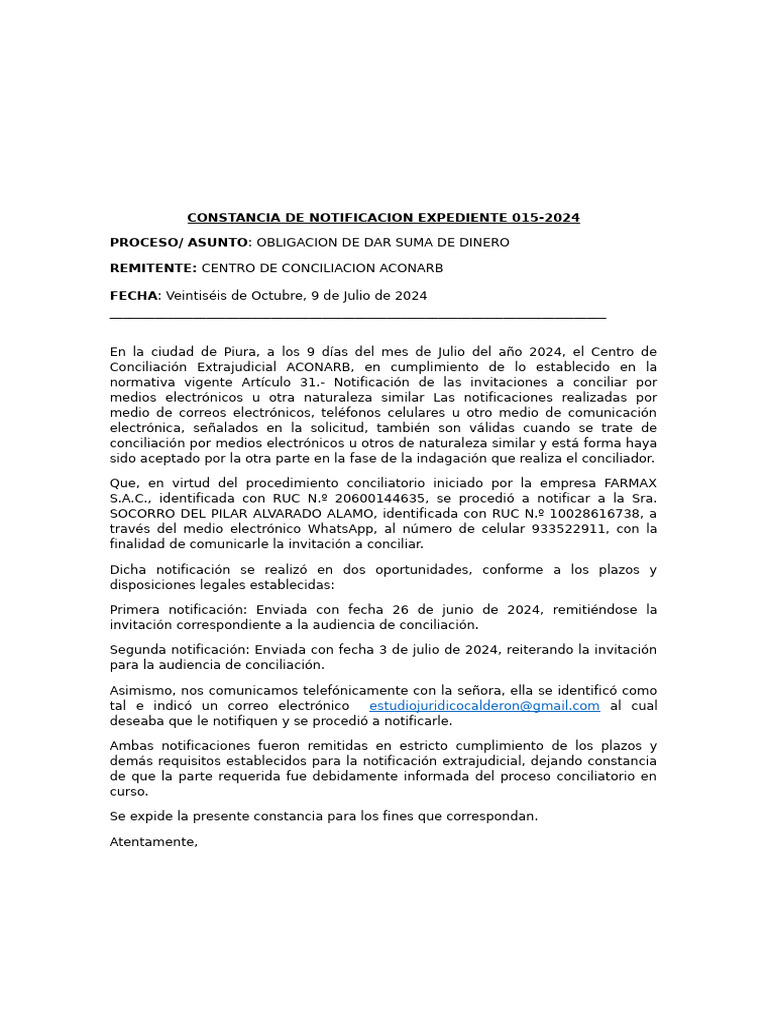 Constancia de Notificacion Expediente 015-2024 Mod | PDF