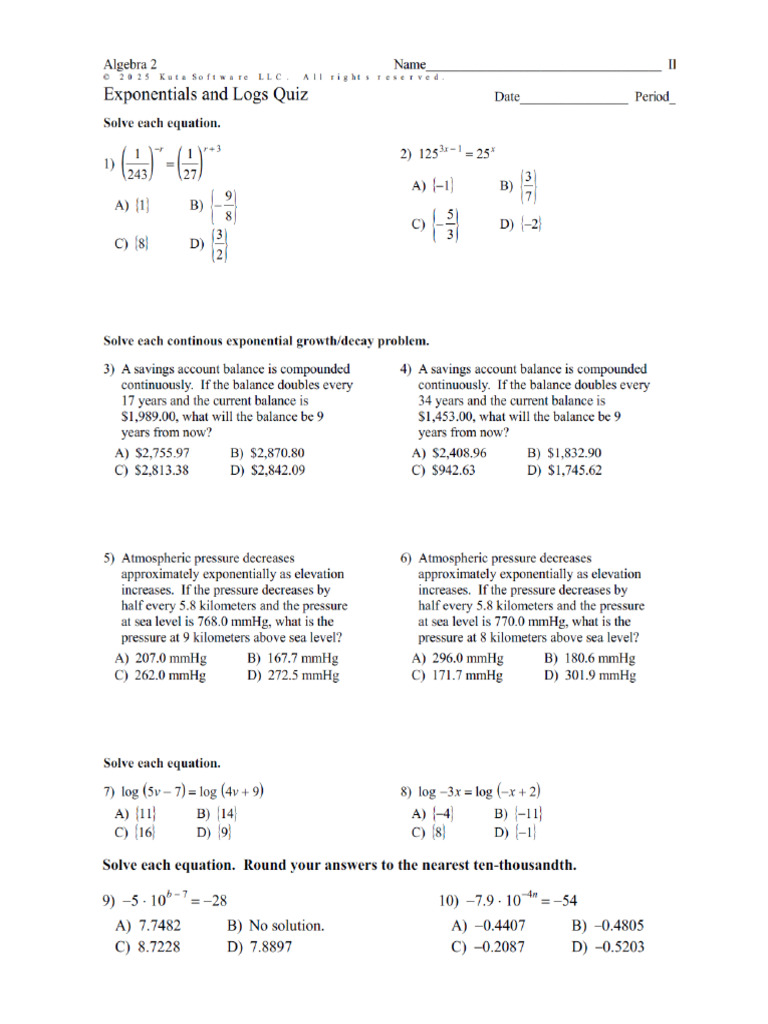 Algebra Log Quiz | PDF