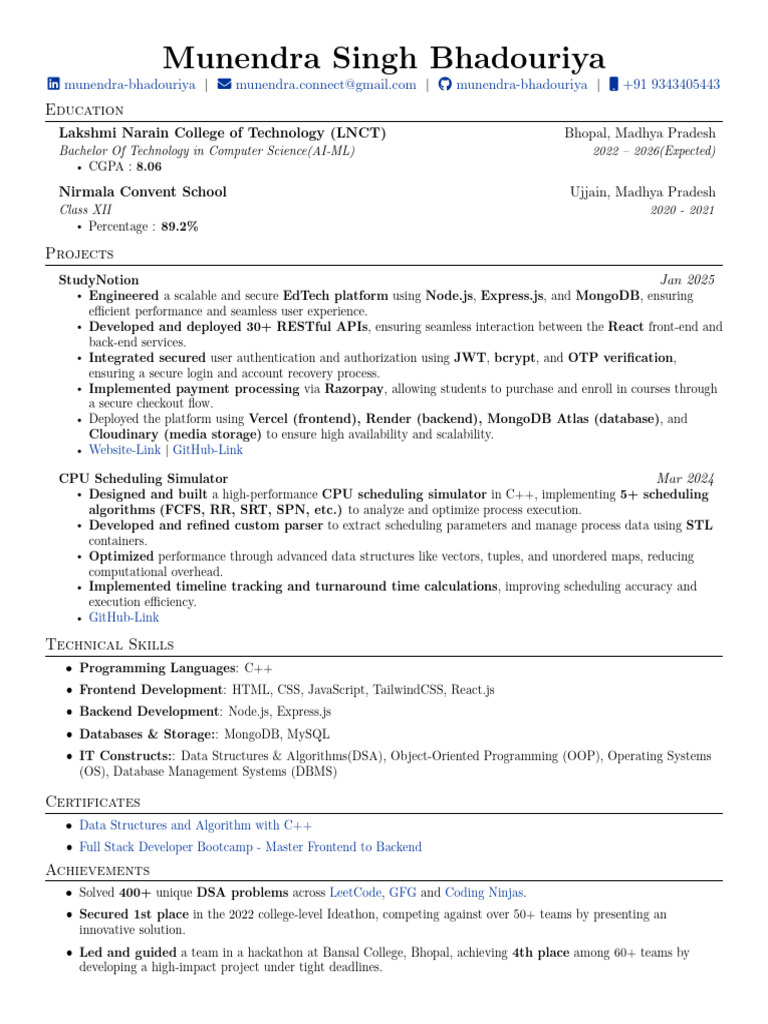 Munendra Singh Bhadouriya Resume | PDF | Databases | C++