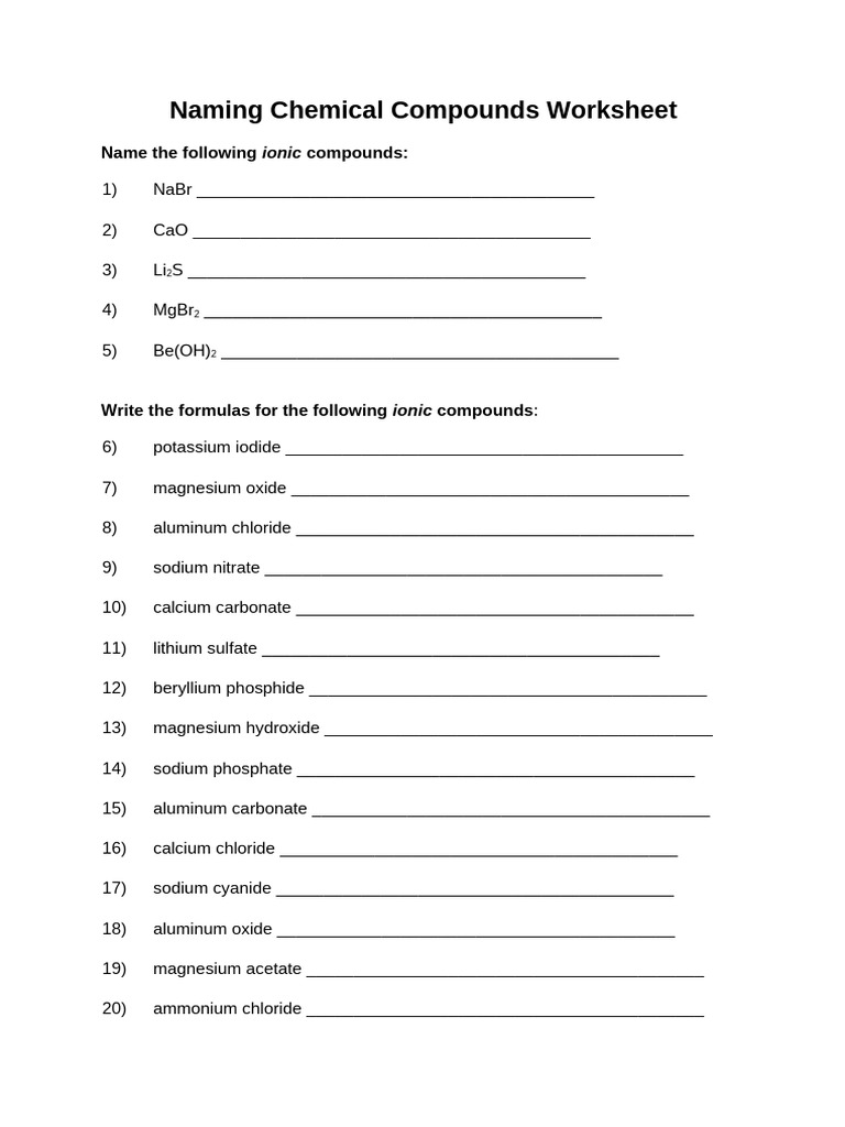 Naming Chemical Compounds Worksheet: Name The Following Compounds | PDF ...