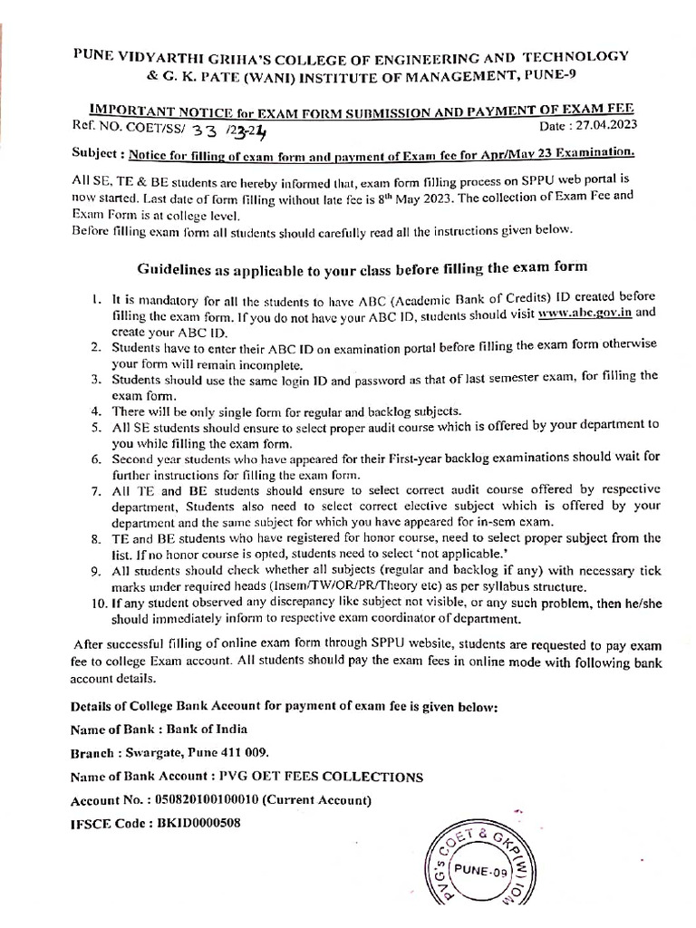 Exam Form Submission Notice May 23 Exam For SE, TE and BE | PDF