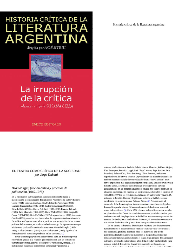 El teatro como cr-tica de la sociedad. Jorge Dubatti | PDF