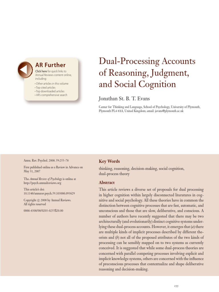 Evans - Dual-Processing Accounts of Reasoning, Judgement, and Social Cognition | PDF ...