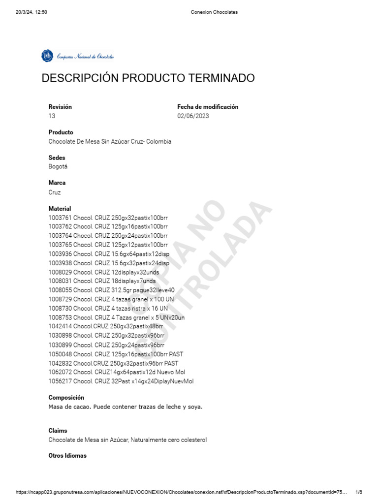 Chocolate Cruz Sin Azúcar en Colombia | PDF | Chocolate | Alimentos