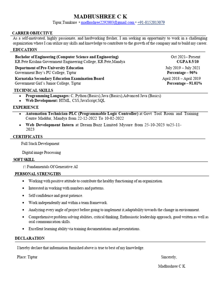 Madhu resume | PDF | Web Development | Cognition