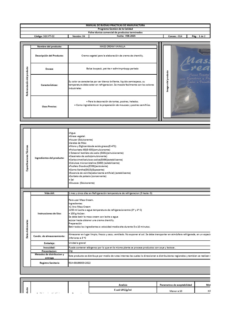 FT CREMA VEGETAL MASS CREAM | PDF | Alimentos