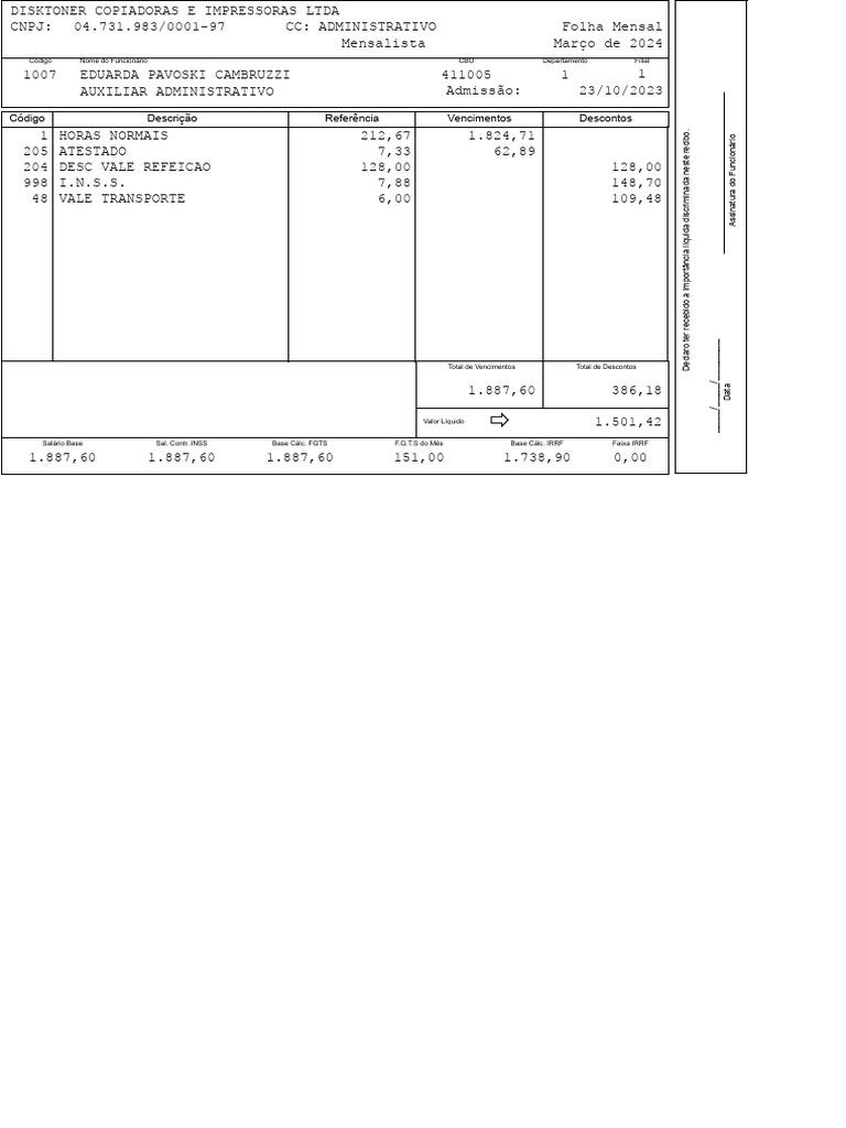 Recibo e Ponto Mar-24 - Eduarda | PDF